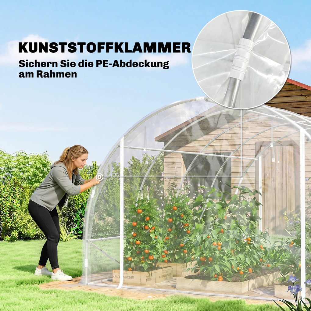 Outsunny Skleník Polytunnel, průchozí skleník s pozinkovaným ocelovým rámem a krytem z PE odolným proti UV záření, průhledný 84H-443V01CR