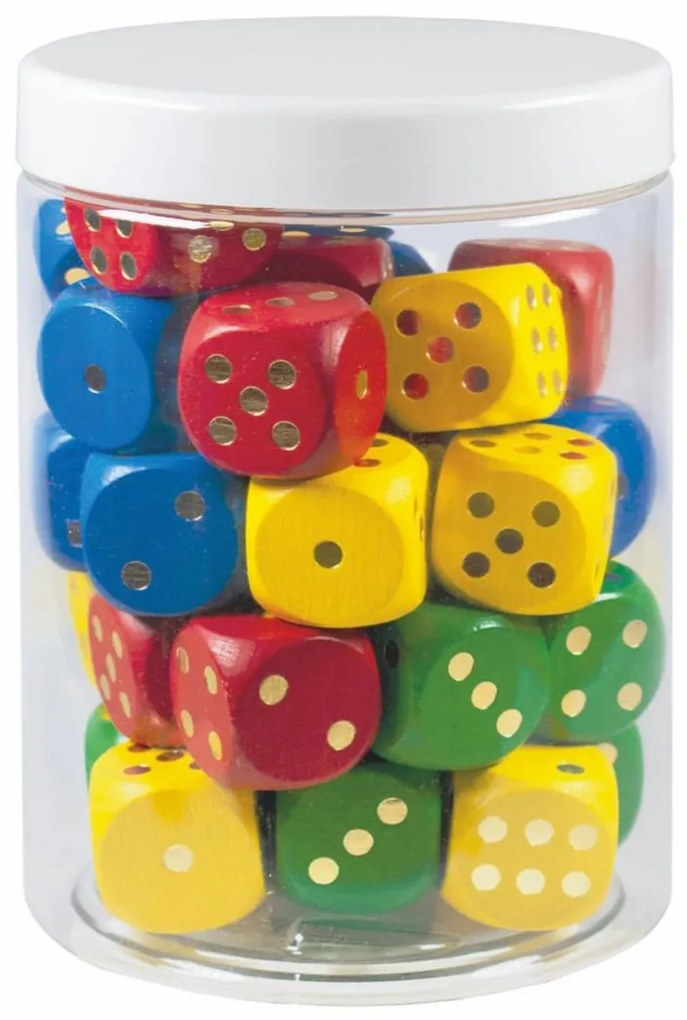 Hrací kostky barevné dřevo společenská hra 25mm 34 ks v plastové dóze 10x14cm 12m+