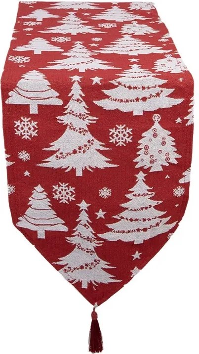 Bílo-červený látkový běhoun s vánočními stromky a střapci - 33*180 cm