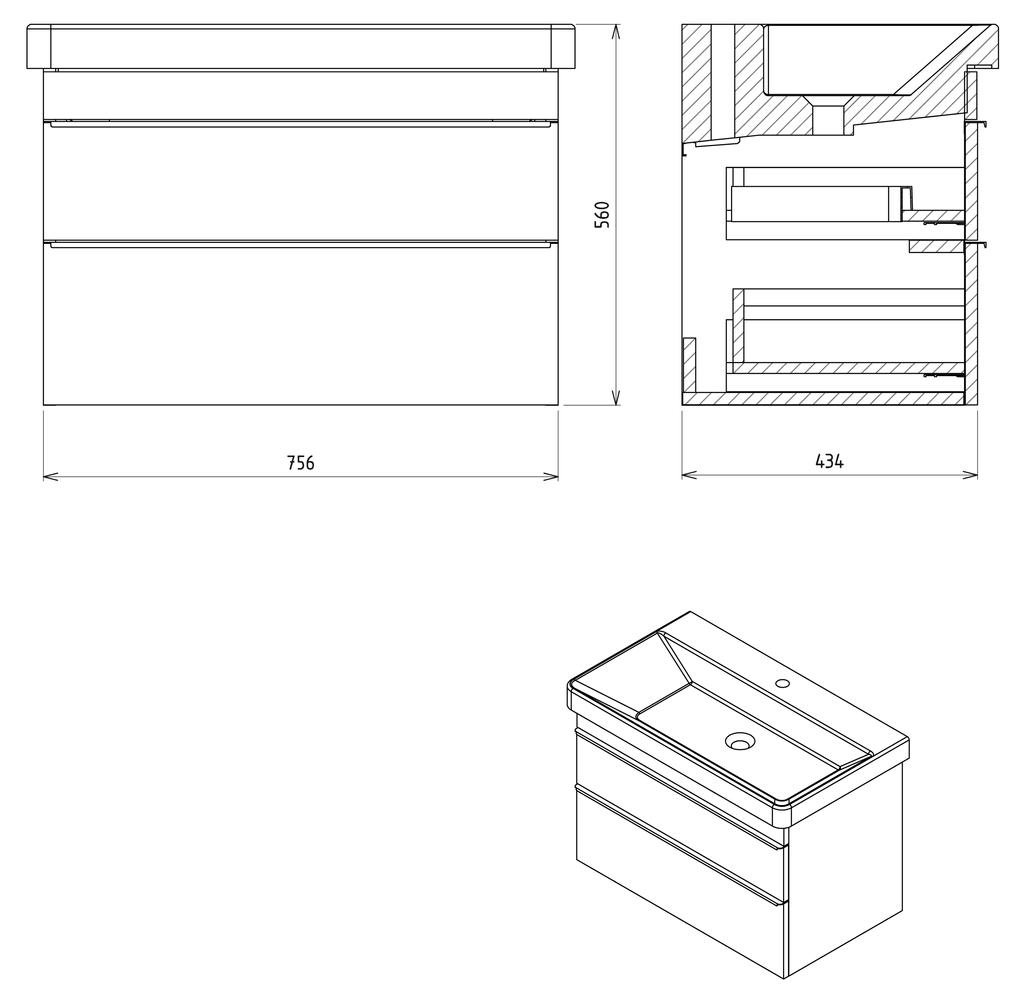Sapho SITIA umyvadlová skříňka 75,6x50x44,2cm, 2xzásuvka, bílá mat - SI080-3131