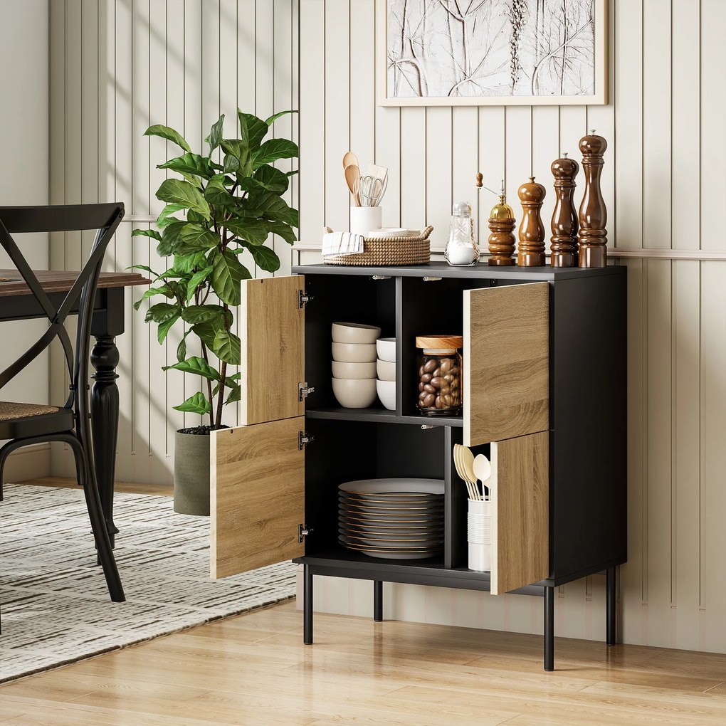 HOMCOM bufet obývací pokoj, úložná skříňka, kuchyňská skříňka, dveře s klikou a 4 přihrádky, moderní styl, 60 x 35 x 78 cm, černá