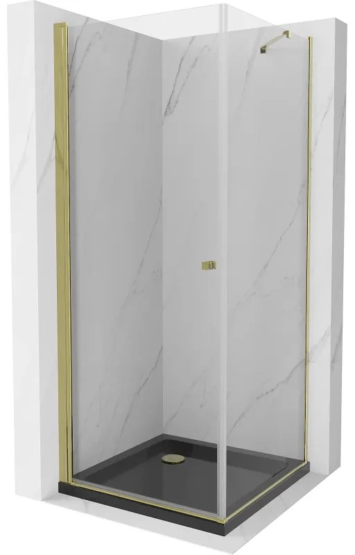 Mexen Pretoria sprchový kout s otočnými dveřmi 80 x 80 cm, průhledné, Zlatá+ vanička do sprchového kouta Flat, Černá - 852-080-0