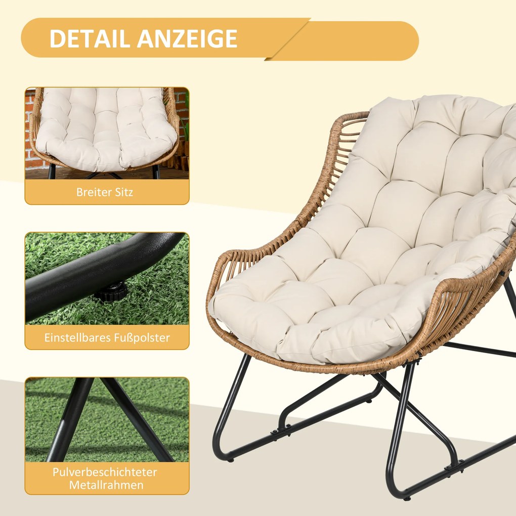 Outsunny Zahradní lehátko, ratanový vzhled, venkovní křeslo, s polštářem, kovový rám, 75x101x90 cm, přírodní/khaki/černá barva