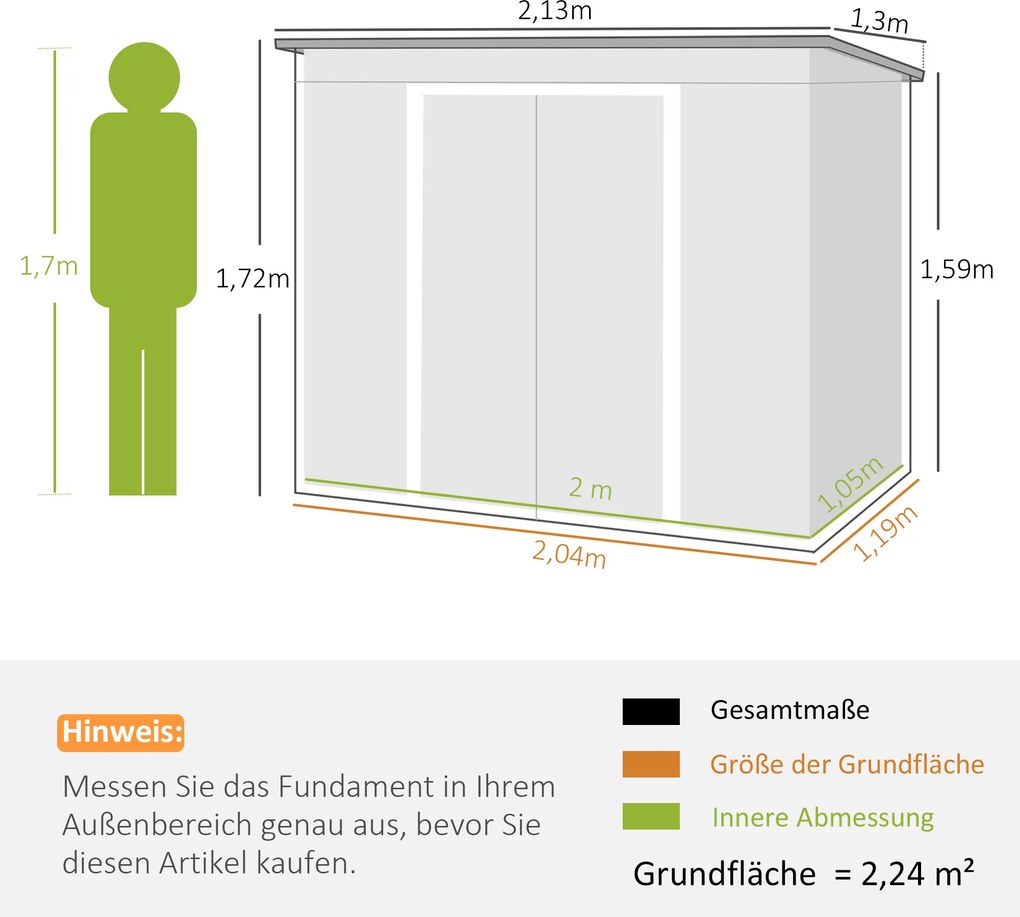 Outsunny Nástrojová Kůlna 2,42 m² - Zahradní Dům s Ventilačním Oknem a Posuvnými Dveřmi, 213 x 130 x 159/172 cm, Kůlna z Pozinkované Oceli, Voděodoln…