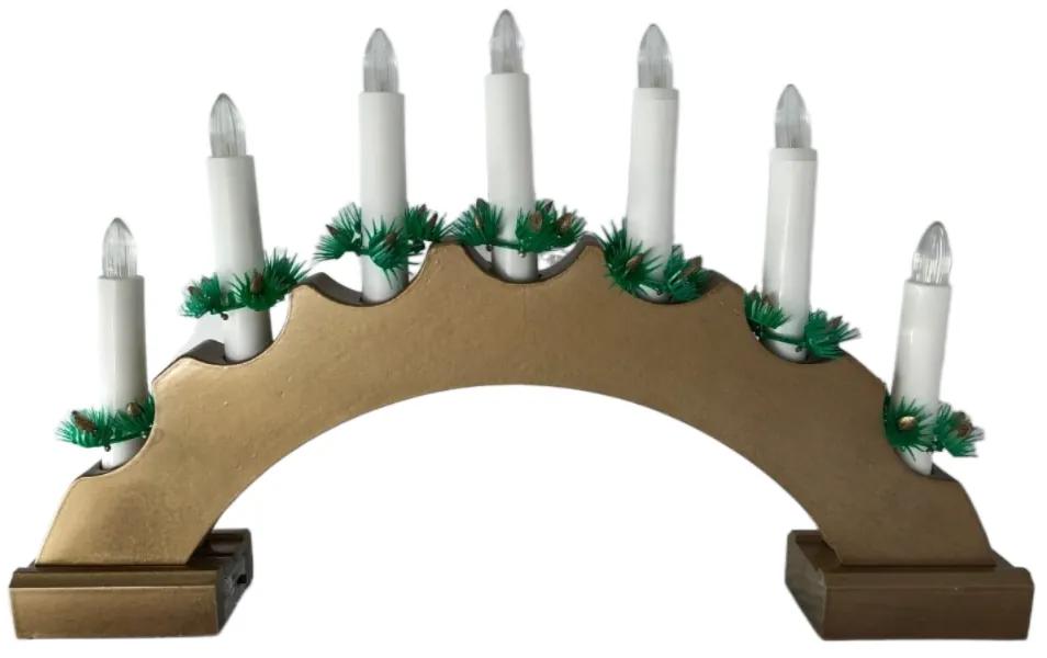 Vánoční dřevěný svícen ve tvaru oblouku, zlatá barva, 7 svíček, teplá bílá, na baterie