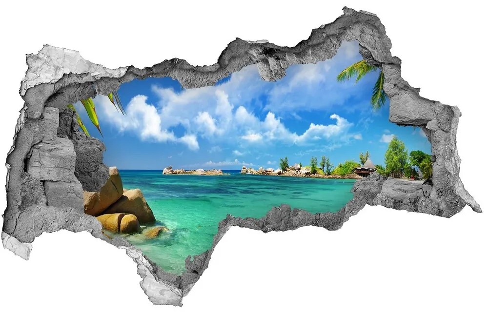 Wallmuralia Díra 3D ve zdi nálepka Seychely pláž 95x73 cm