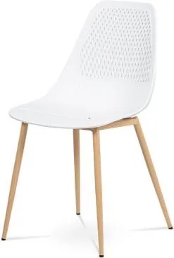 Jídelní židle - bílý plast, kovová čtyřnohá podnož v 3D dekoru dub