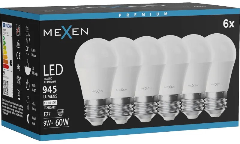 Mexen Nova 6x LED žárovka E27, G45, 9W, Neutrální - 4000K, 945 lm - L101-E27-0940-01x06