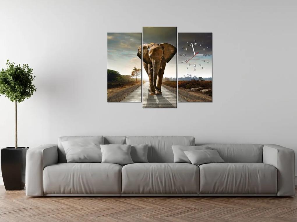 Gario Obraz s hodinami Osamělý silný slon - 3 dílný Rozměry: 30 x 90 cm