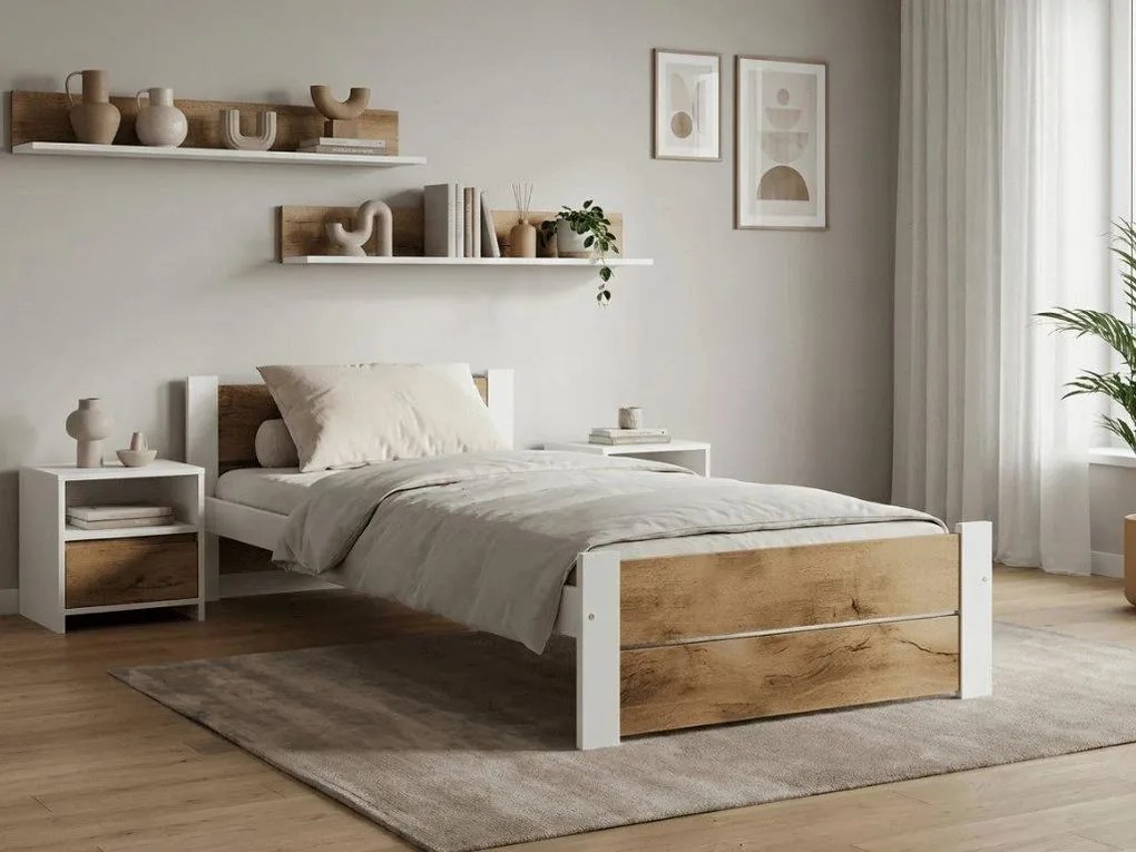 Postel IKAROS DOUBLE 80 x 200 cm, bílá/dub artisan Matrace: Matrace Coco Maxi 20 cm, Rošt: S lamelovým roštem
