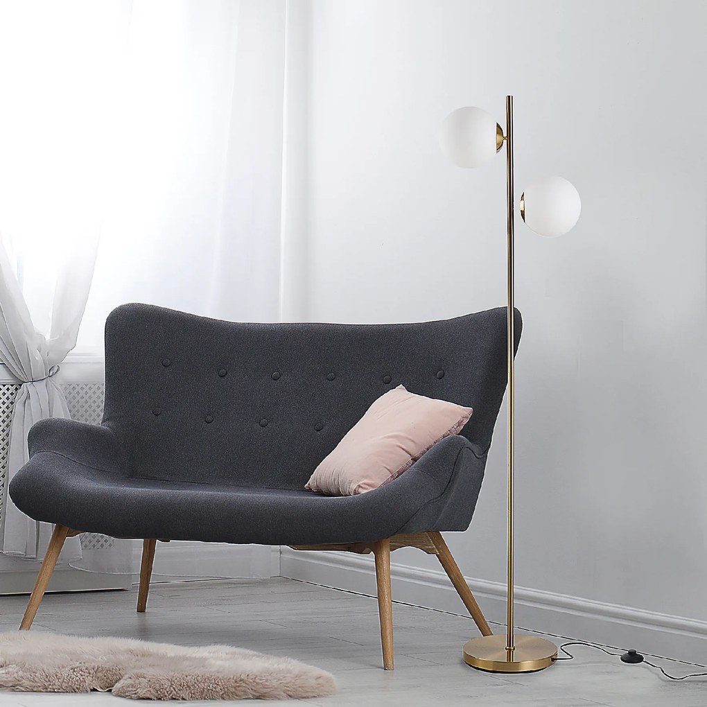 HOMCOM stojací lampa 2-dílná se skleněným stínidlem, ocel a sklo, výška 165 cm, zlatá a bílá, moderní design do obývacího pokoje