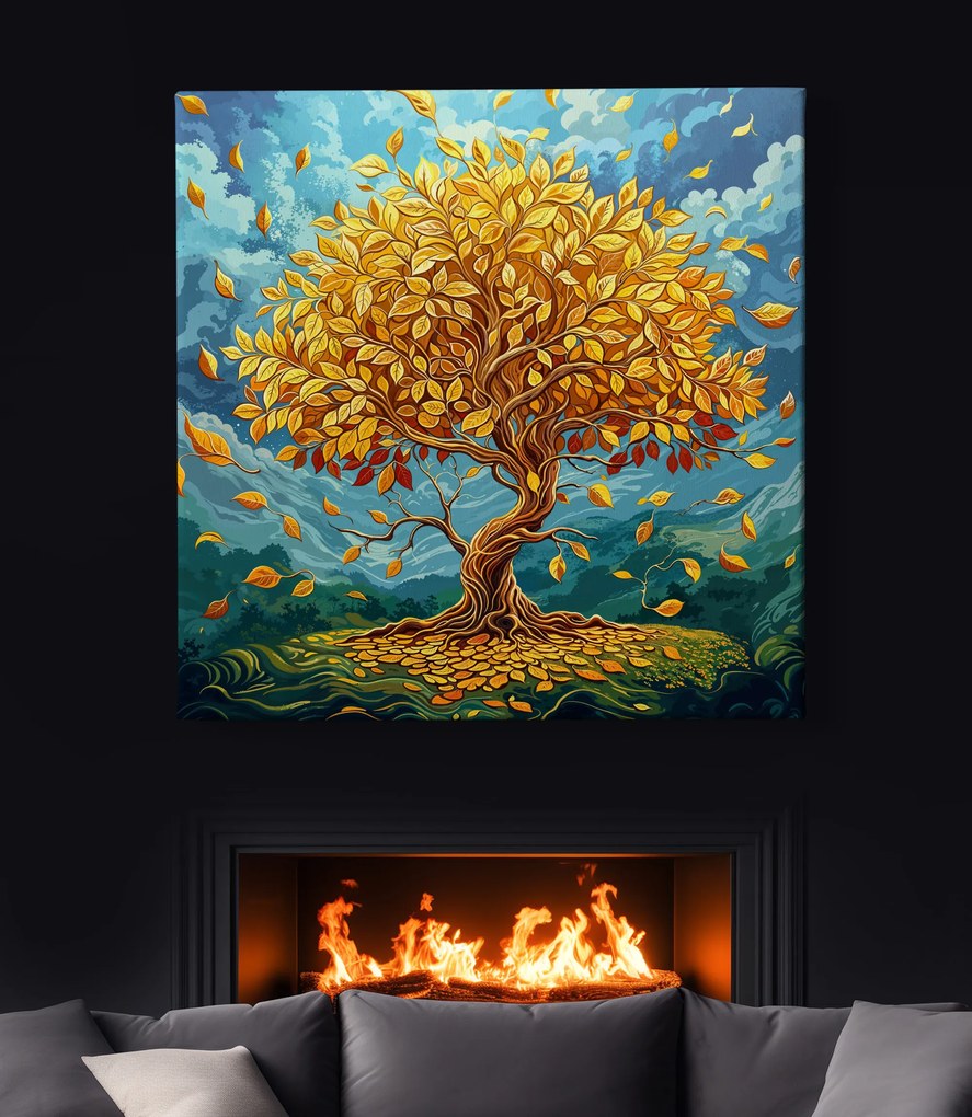 Obraz na plátně - Strom života na kopečku Goldie FeelHappy.cz Velikost obrazu: 120 x 120 cm