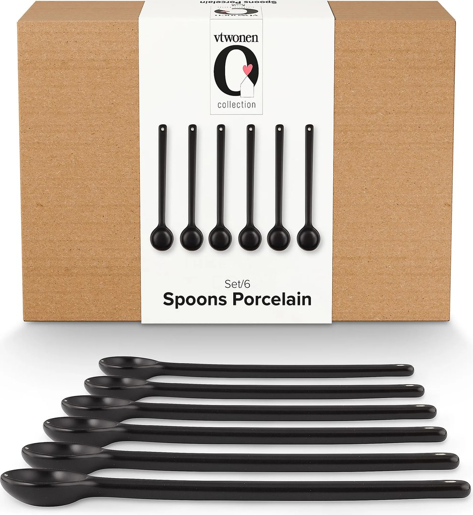 vtwonen Matt Black set 6 velkých porcelánových lžiček, černý (Velké čajové lžičky)