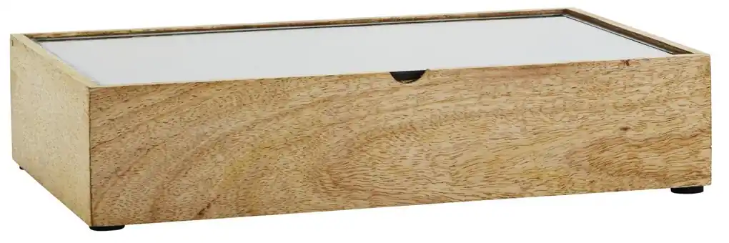 MADAM STOLTZ Dřevěný box se skleněným víkem Natural/Clear, hnědá barva,  přírodní barva, sklo, dřevo | Biano
