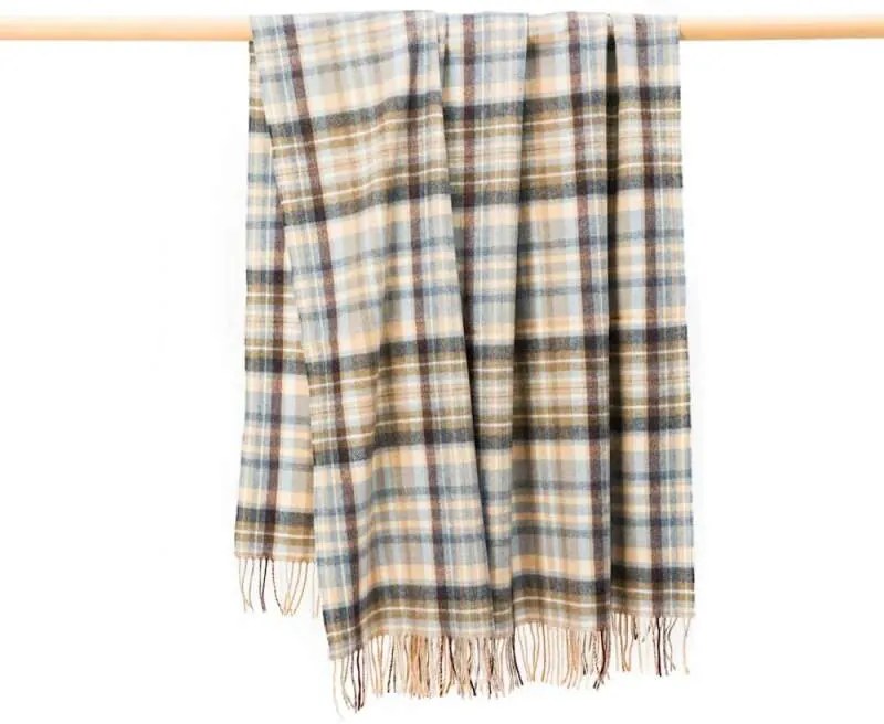 Deka z jehněčí vlny Blue Cream Brown Denim Check 180 x 137 cm John Hanly