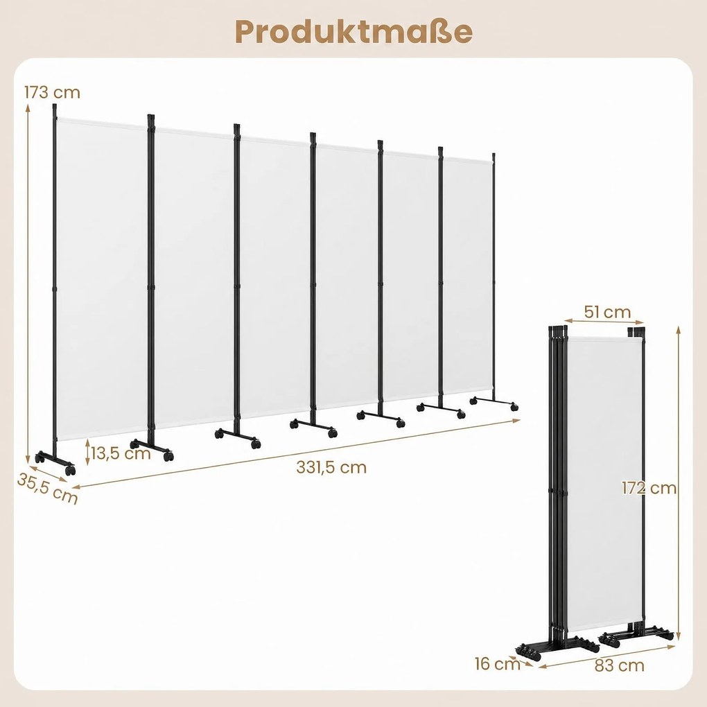 Costway Šestidílný skládací paraván 330 × 173 cm, bílý