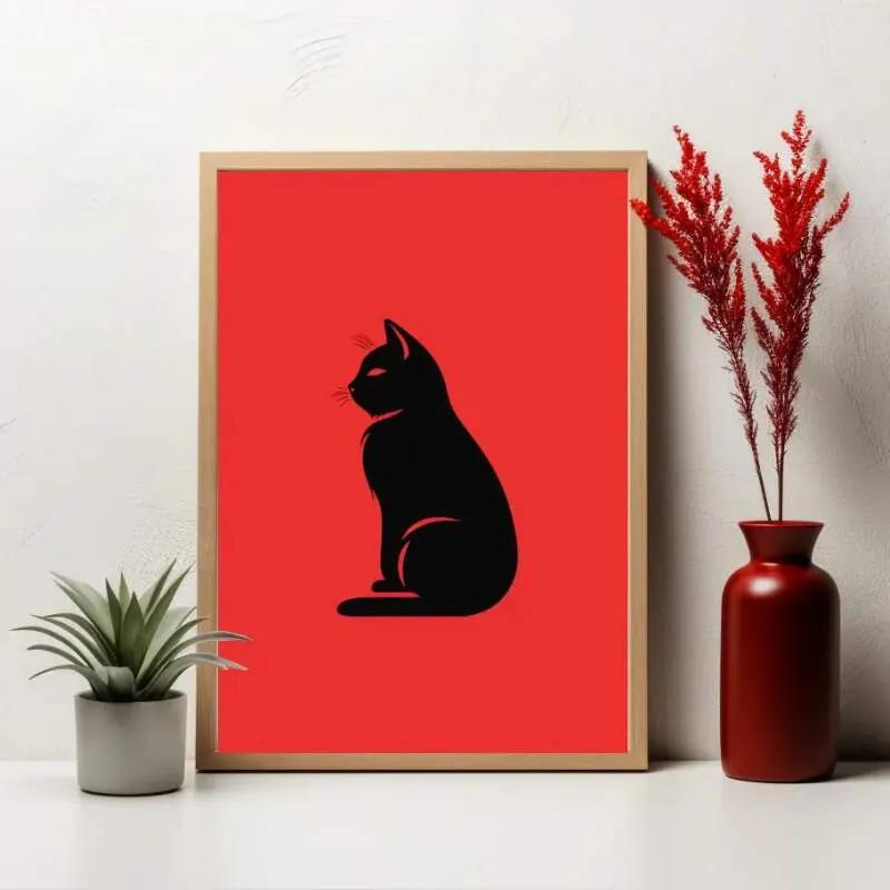 Plakát - Černá kočka na červeném