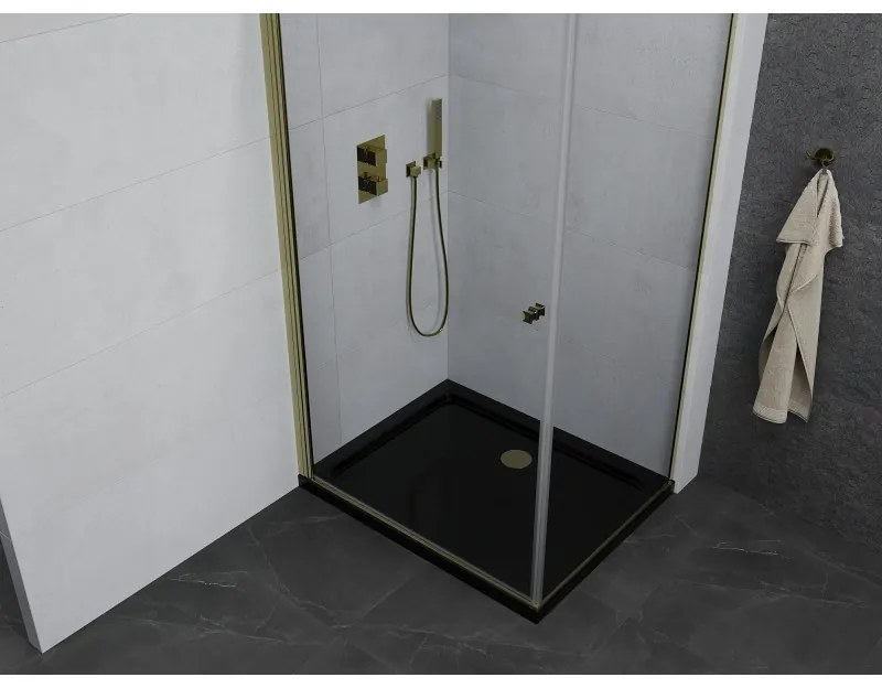 Mexen Pretoria sprchový kout s otočnými dveřmi 70 x 90 cm, průhledné, Zlatá+ vanička do sprchového kouta Flat, Černá - 852-070-0