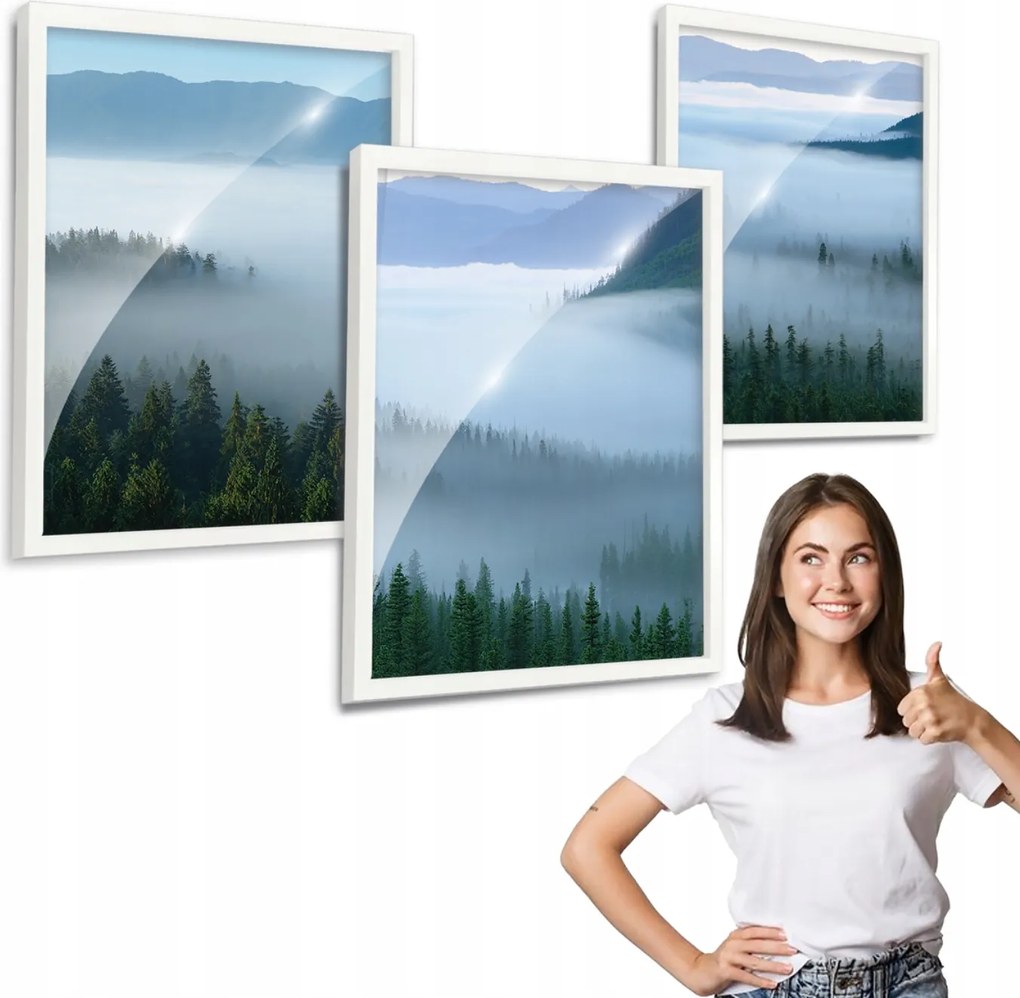 Sada 3 obrazů Les, Mlha s bílým rámečkem na zeď 40x50 na plexi triptych