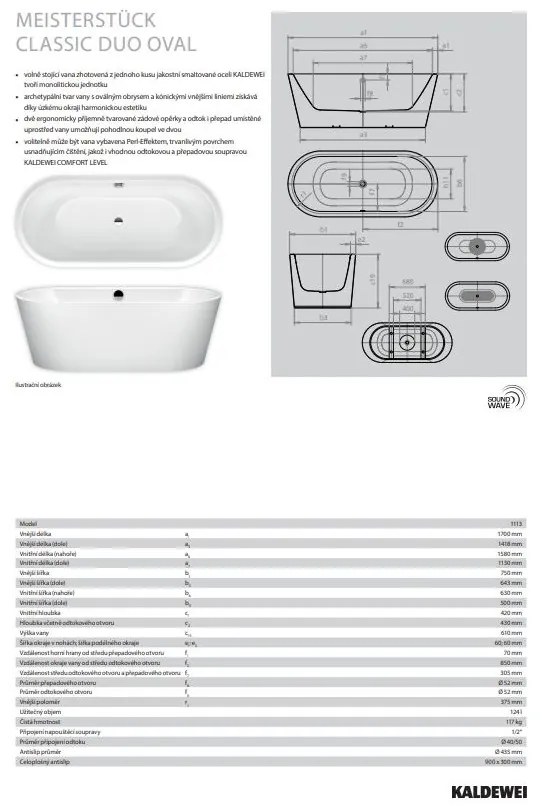 Kaldewei Meisterstück Classic Duo Oval - Volně stojící vana 170x75 cm, zvuková izolace, alpská bílá 202942680001