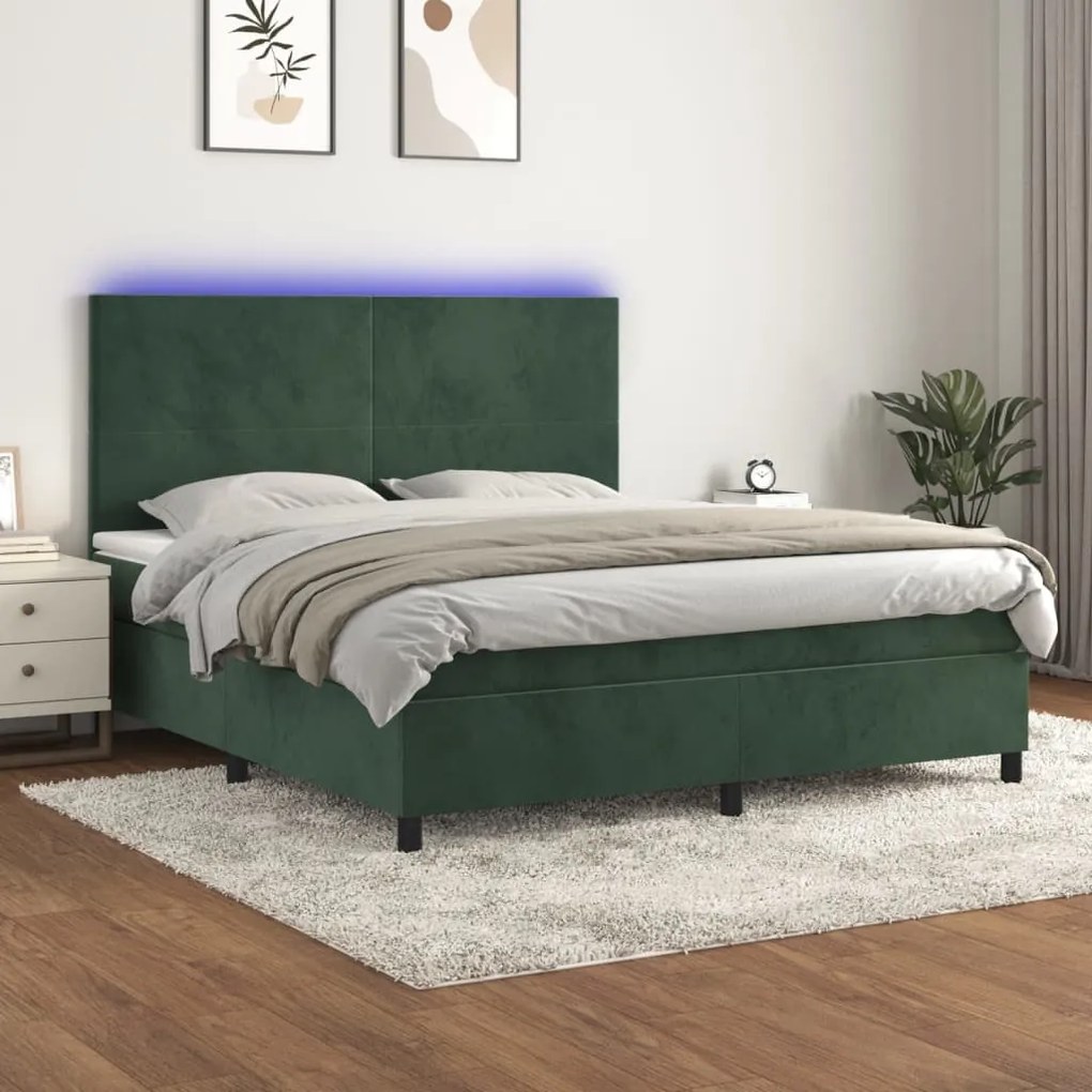 Box spring postel s matrací a LED tmavě zelená 160x200 cm samet