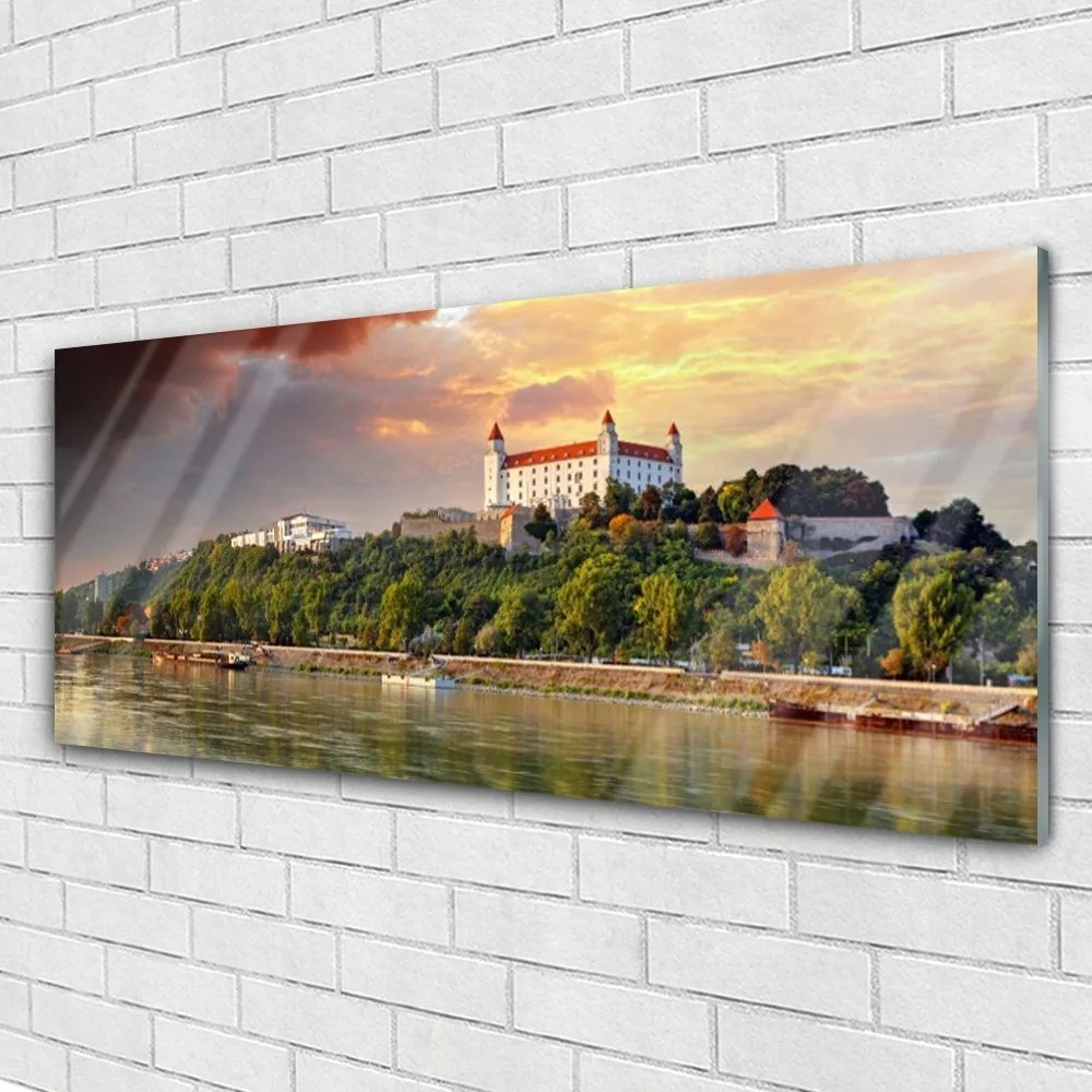 akrylový obraz Město Jezero Krajina 125x50 cm
