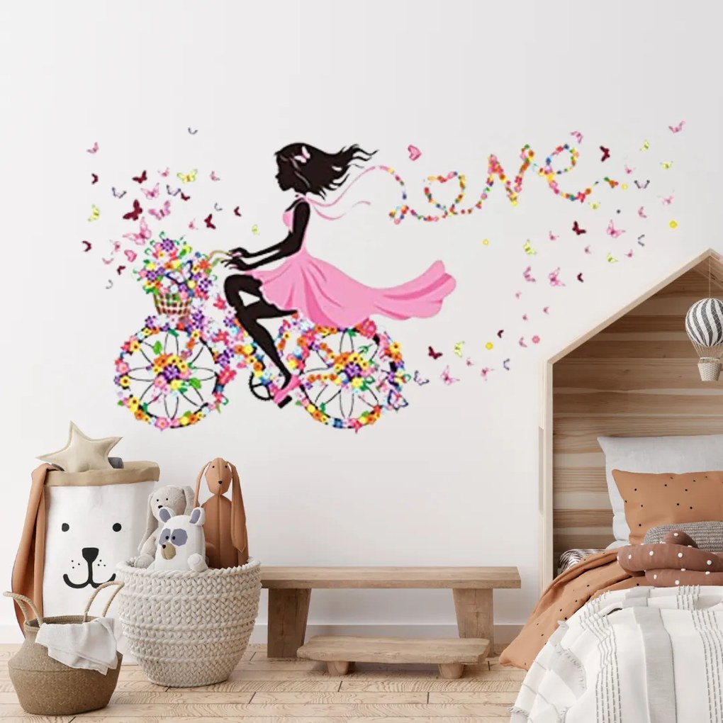 PIPPER | Samolepka na zeď "Dívka s motýly na kole" 140x70 cm