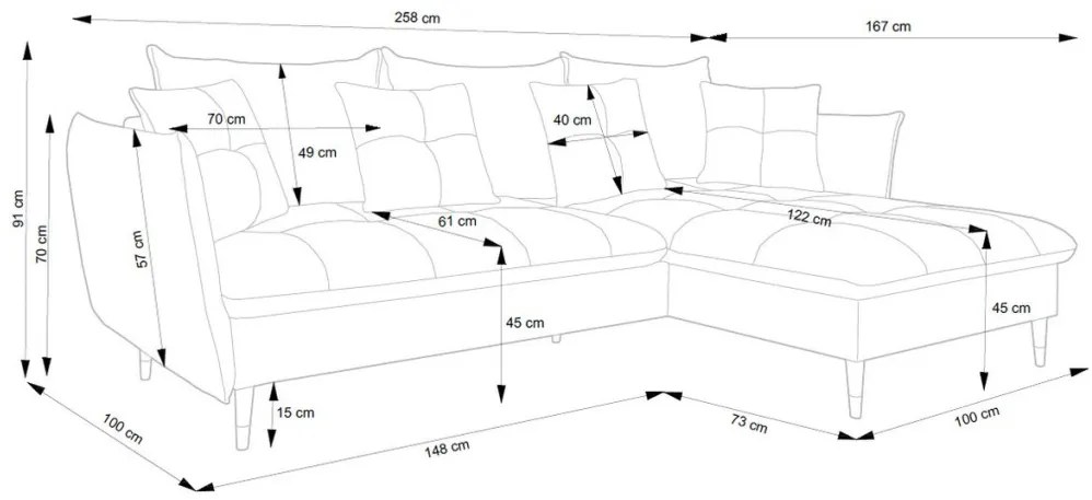 Rohová sedací souprava Glam, černá látka, pravý roh