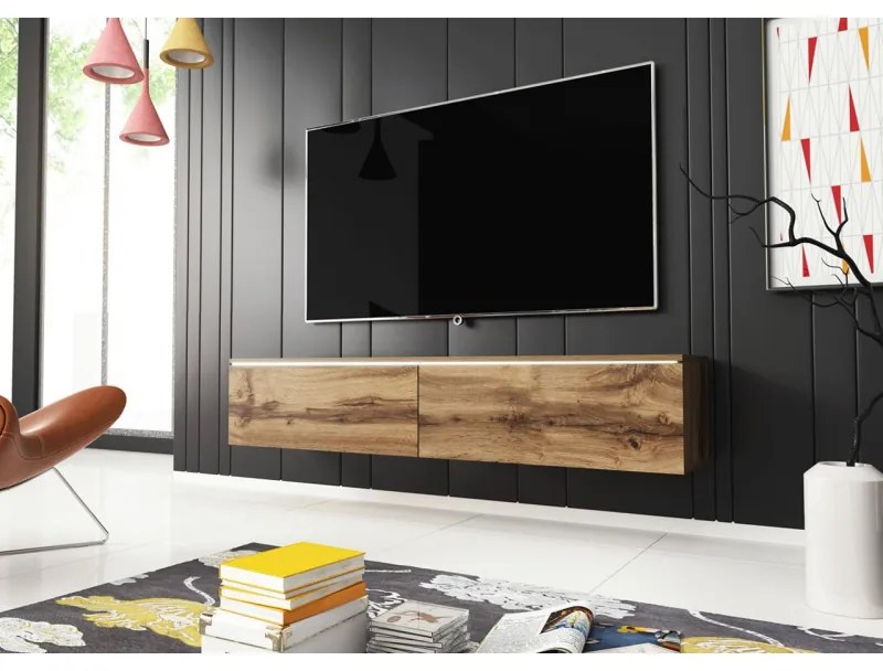 TV stolek Dlone 140, Barva: wotan / černý lesk, Osvětlení: osvětlení LED - bílé