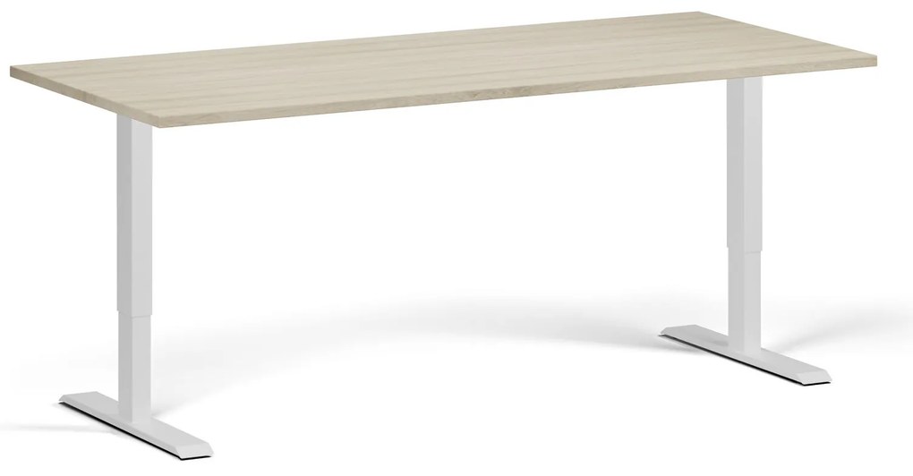 Výškově nastavitelný stůl, 180x80 cm, 2 motory, bílá podnož, dub přírodní