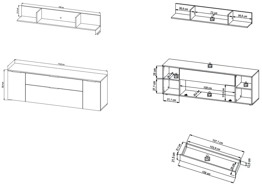 Obývací stěna Milan, dub artisan/šedá, s osvětlením