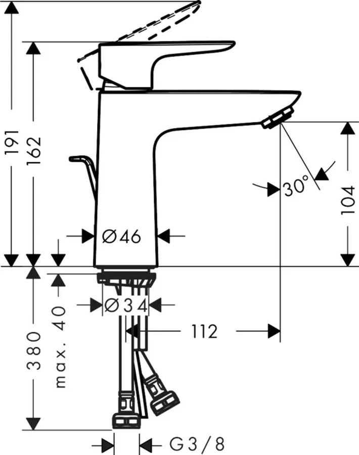 Hansgrohe Talis E, páková umyvadlová baterie 110 LowFlow 3,5 l/min s odtokovou soupravou s táhlem, chromová, 71715000