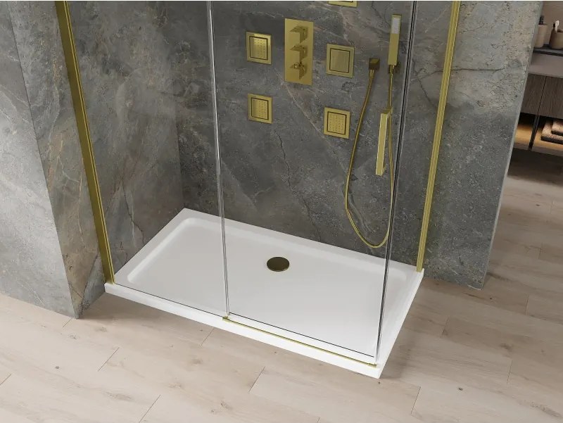 Mexen Omega posuvný sprchový kout 140 x 70 cm, 8mm sklo, zlatý profil-čiré sklo + slim sprchová vanička 5cm, 825-140-070-50-00-4010