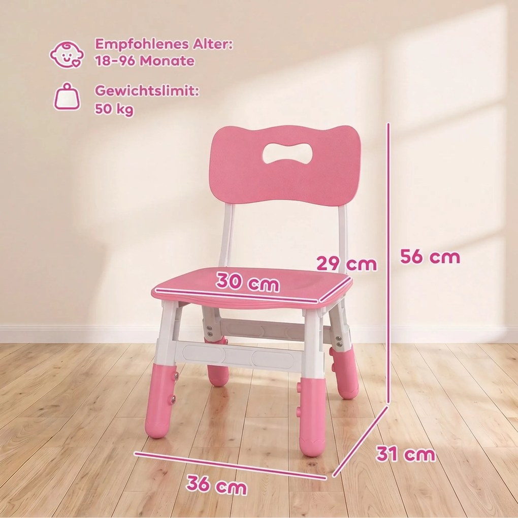 AIYAPLAY dětská židle k psacímu stolu, 2kusová sada, výškově nastavitelná 26-30 cm, ergonomické opěradlo, bez područek pro 1,5–8 let, růžová