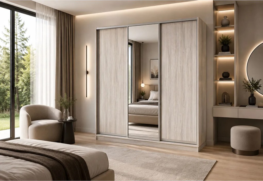 Skříň s posuvnými dveřmi 2000x2200x600 2LTD 1 Zrcadlo Artwood světlý, profil stříbrný