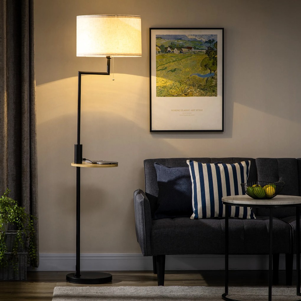 HOMCOM Stojací lampa, stojací lampa s policí, 40 W stojací lampa s USB připojením, stojací lampa, ocel, krémová, Ø40 x 168 cm, bez žárovky