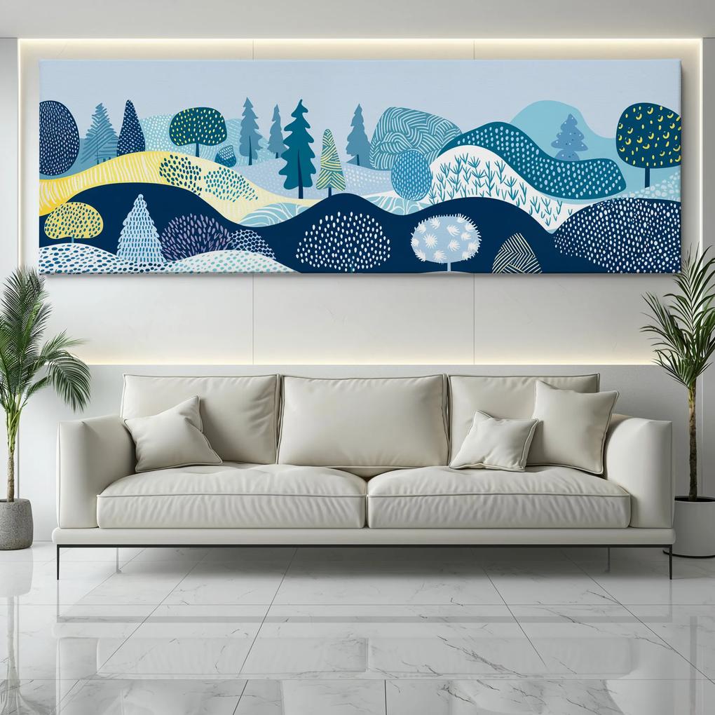 Obraz na plátně - Kopečky a stromy v modré seanci FeelHappy.cz Velikost obrazu: 90 x 30 cm