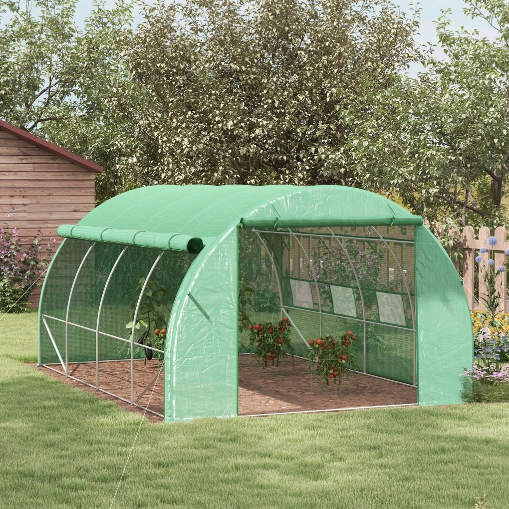 Outsunny polytunelový skleník 3,97x3x2m Walk-in, UV ochrana, rolovací kryty, ocel, zelený| Aosom