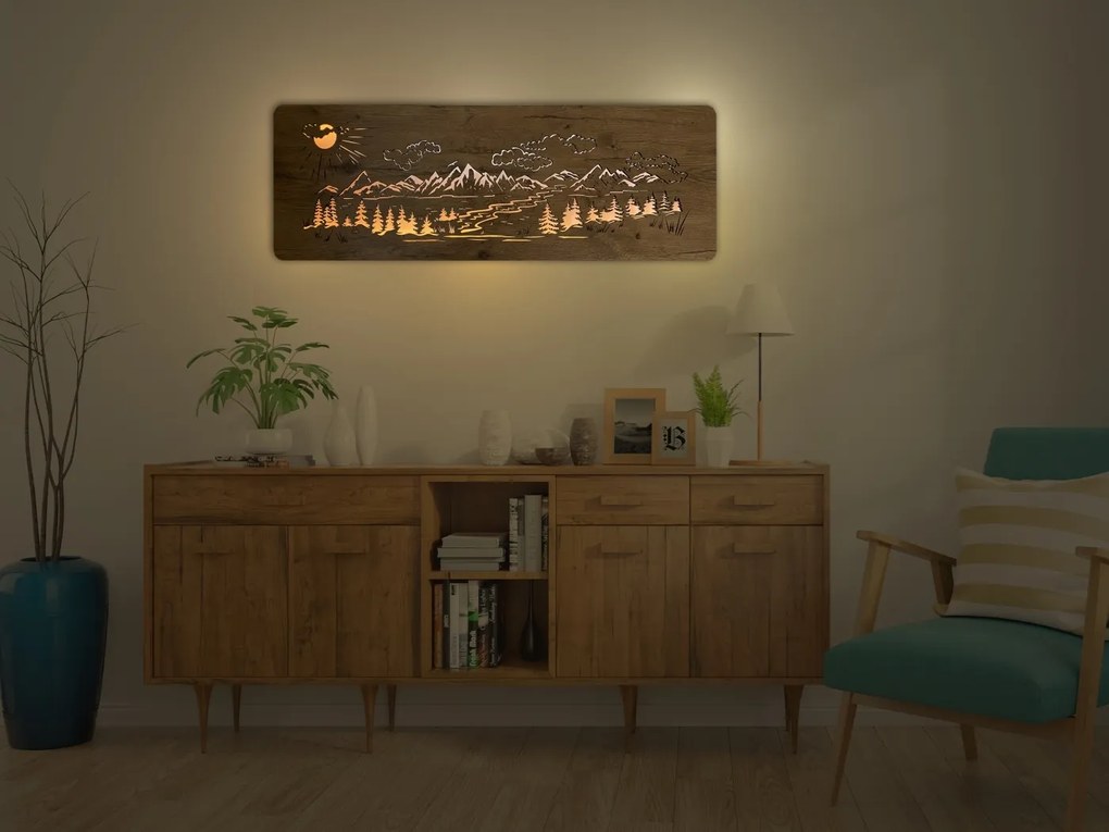 Li-Go "Hory, les" světelný obraz s baterií 120x40cm varianta ovládání: manuál/pohybové čidlo, provedení povrchu: dub