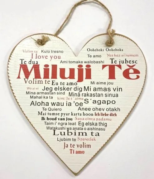 Bondecor Dřevěná dekorace srdce "Miluji Tě - vícejazyčně" 23x23cm Jazyk: SK