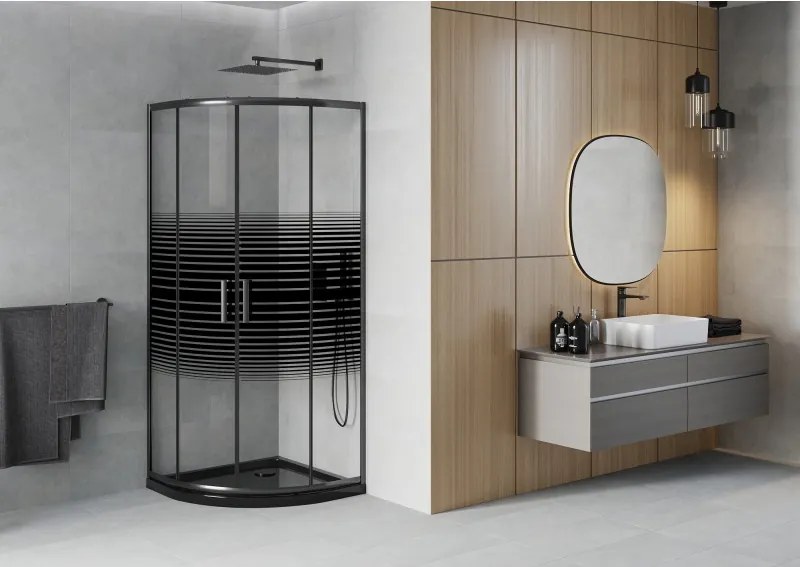 Mexen Rio, čtvrtkruhový sprchový kout s posuvnými dveřmi 90 (dveře) x 90 (dveře) x 190 cm, 5mm čiré sklo s pásky, černý profil + černá sprchová vanička Slim, 863-090-090-70-20-4170B