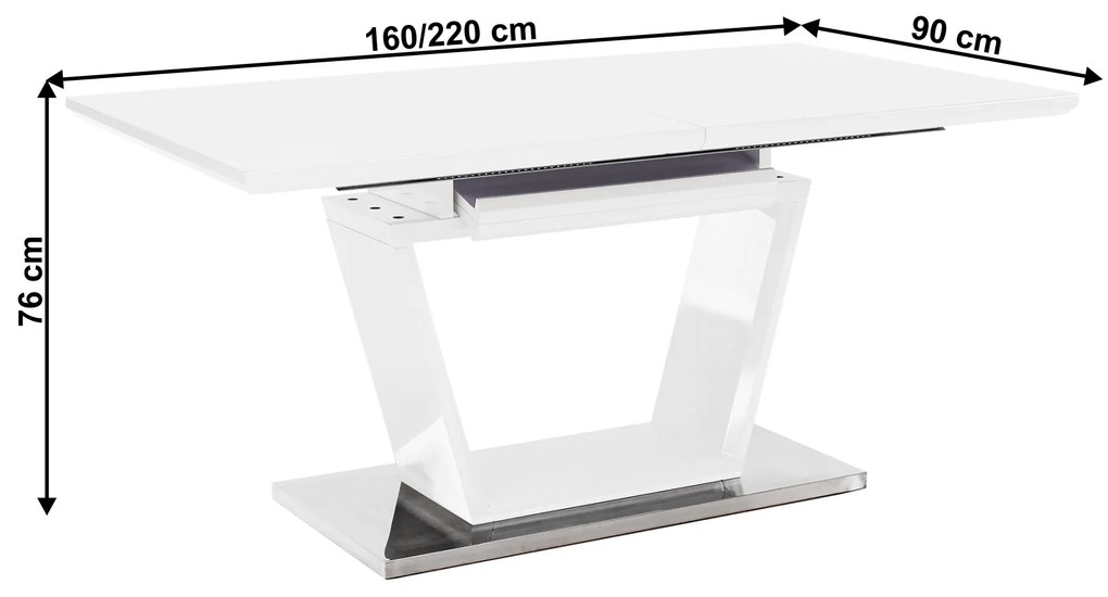Kondela Jídelní stůl, rozkládací, bílá extra vysoký lesk / oceľ, 160-220x90 cm, PERAK