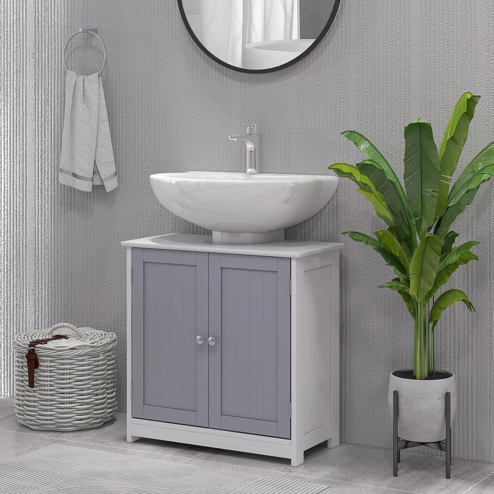 Kleankin Koupelnová Skříňka pod Umývadlo - 2-dveřová skříňka s policí - rozměry 60L x 30W x 60H cm - v šedobílé dřevě | Aosom