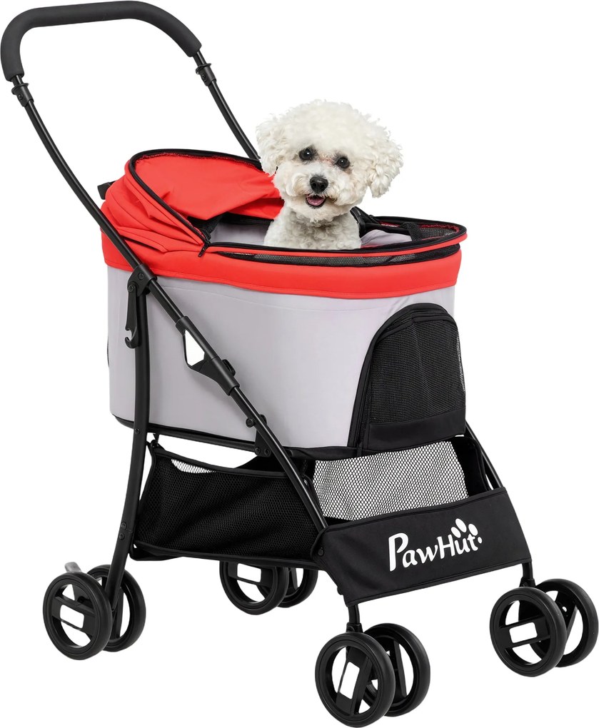 PawHut Skládací 3v1 Kočárek pro malé psy s odnímatelným vozíkem, úložným košíkem, bezpečnostními popruhy a polštářem, nosnost 15 kg, červený | Aosom