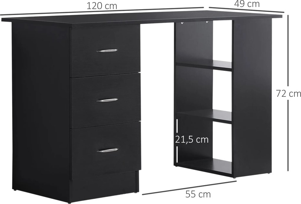HOMCOM Stůl s úložným prostorem, Počítačový stůl 120 x 50 cm, Počítačový stůl se policemi a šuplíky, pro malé prostory, Ložnice, Černý