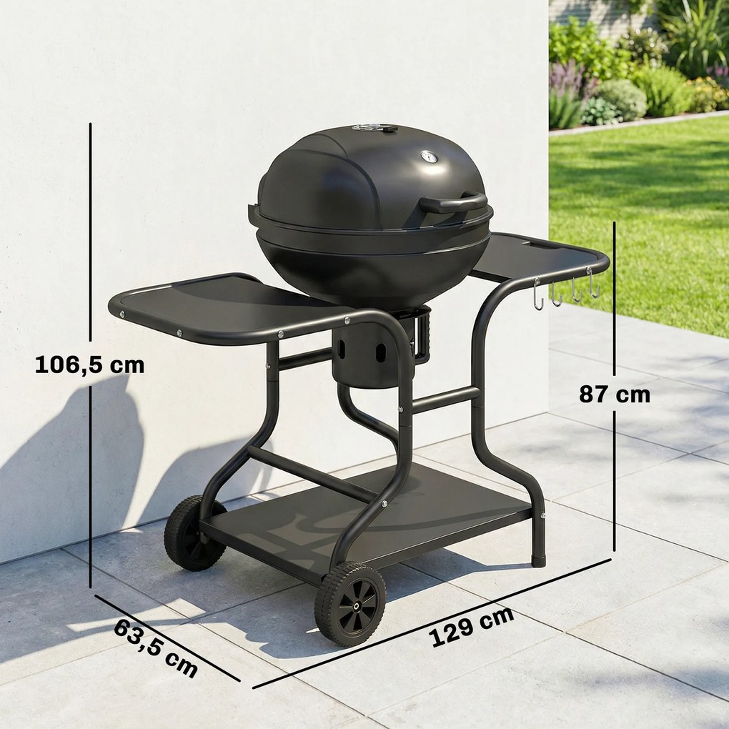 Outsunny Gril na dřevěné uhlí BBQ Udírna s postranními stolky Víko Teploměr Kolečka 129 x 63,5 x 106,5 cm