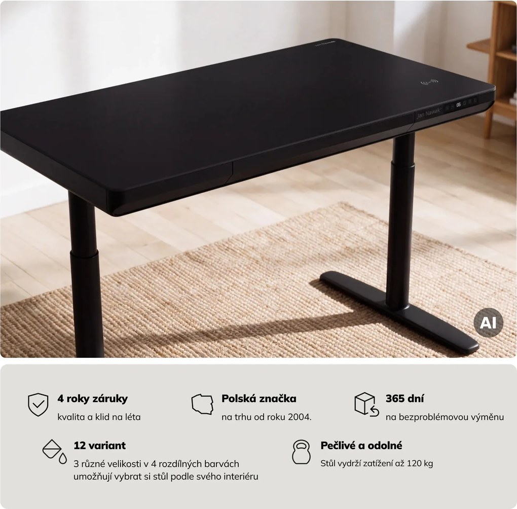 Elektrický psací stůl sit-stand se zásuvkou a bezdrátovou nabíječkou Qi černý, 1200 mm: ELLIS