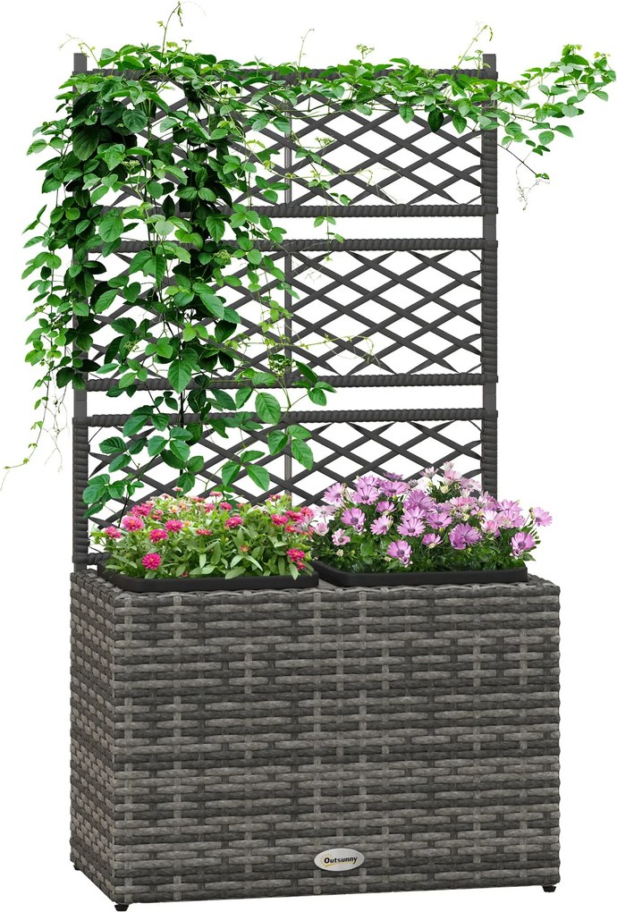 Outsunny Zahradní Truhlík s Trellis pro Popínavé Rostliny, Vyvýšený Truhlík se 2 Vnitřními Květináči, Ocelový Rám a PE Ratan, 57x30x107cm, Šedá | Aoso