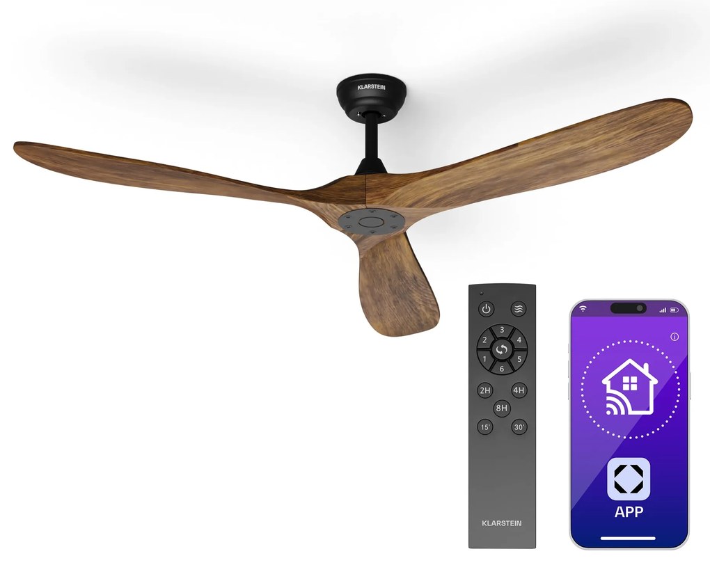 Klarstein Stropní ventilátor Bahama Breeze Smart, lopatky rotoru z masivního dřeva, dálkové ovládání + ovládání pomocí aplikace