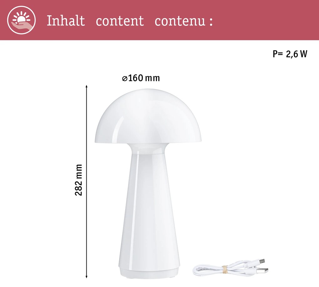 Paulmann 76995 Onzo, bílá lampička na baterii, 2,6W LED 2700K dotykové ovládání, výška 28cm, IP44